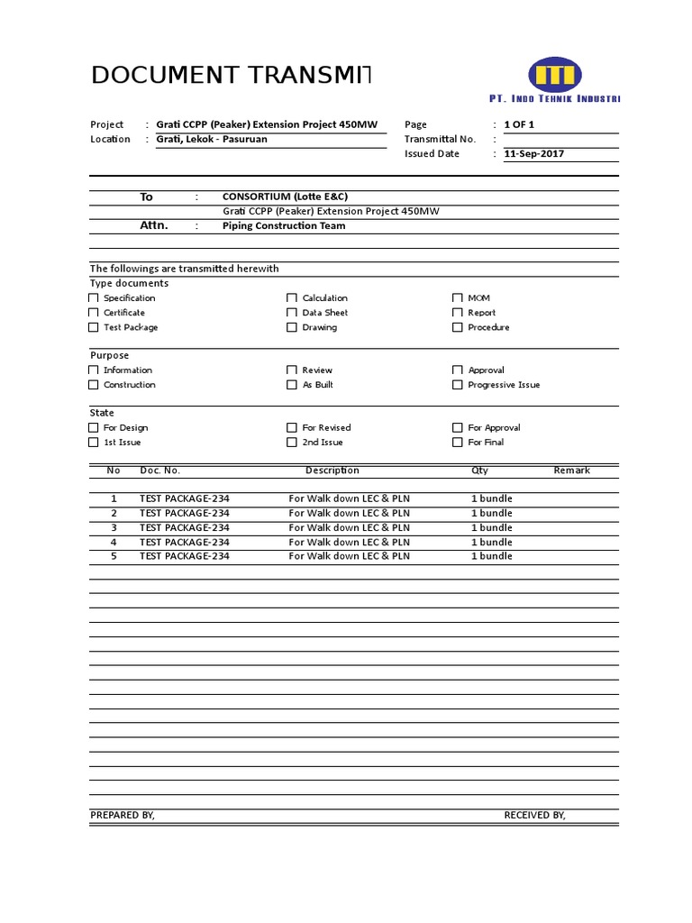 Grati CCPP 450MW Project Transmittal | PDF