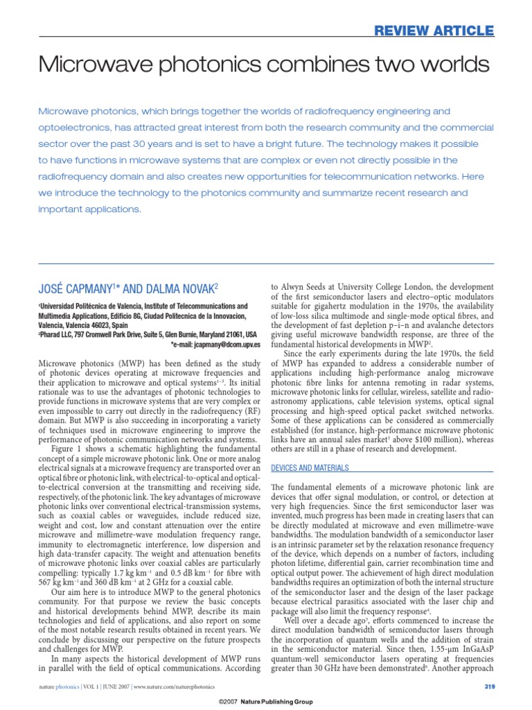Microwave Photonics Combines Two Worlds: José Capmany and Dalma Novak | PDF