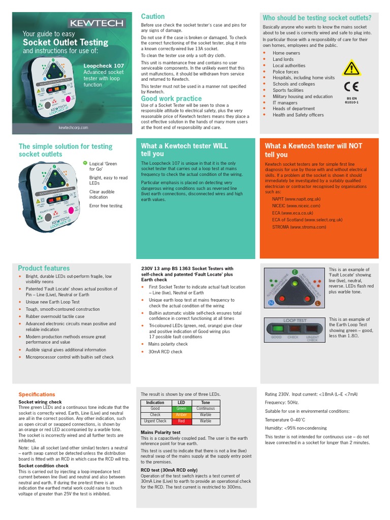 Kewtech Loopcheck 107 User Guide | PDF | Ac Power Plugs And Sockets ...