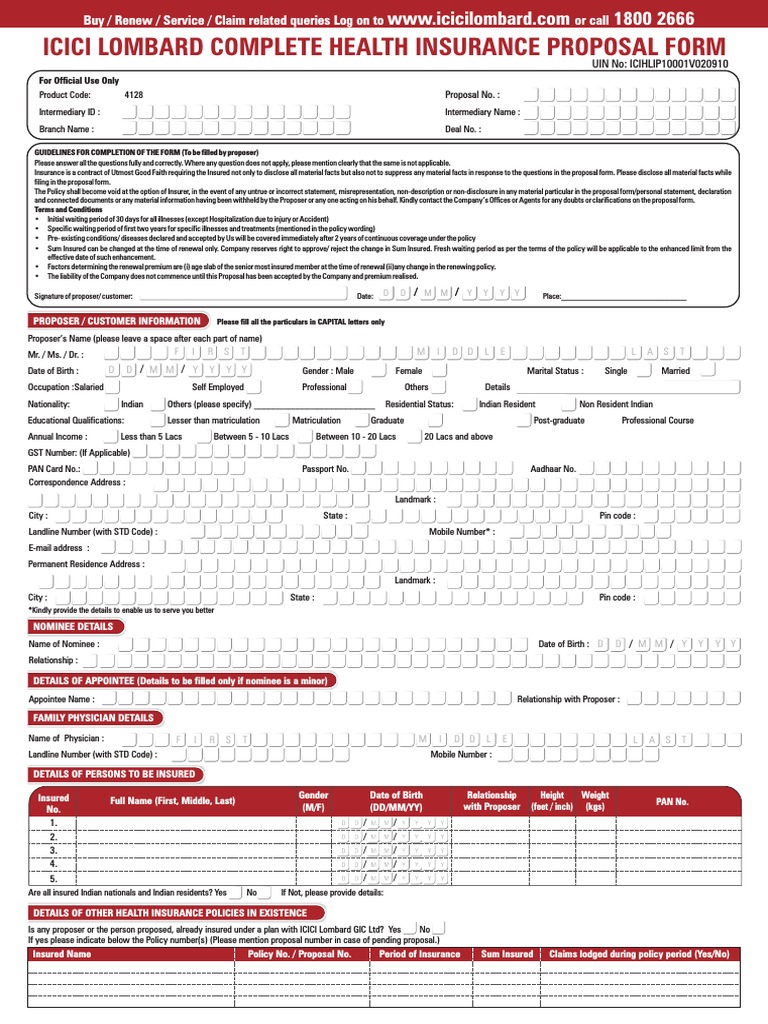 Icici Lombard Complete Health Insurance Proposal Form | PDF | Respiratory Diseases | Insurance