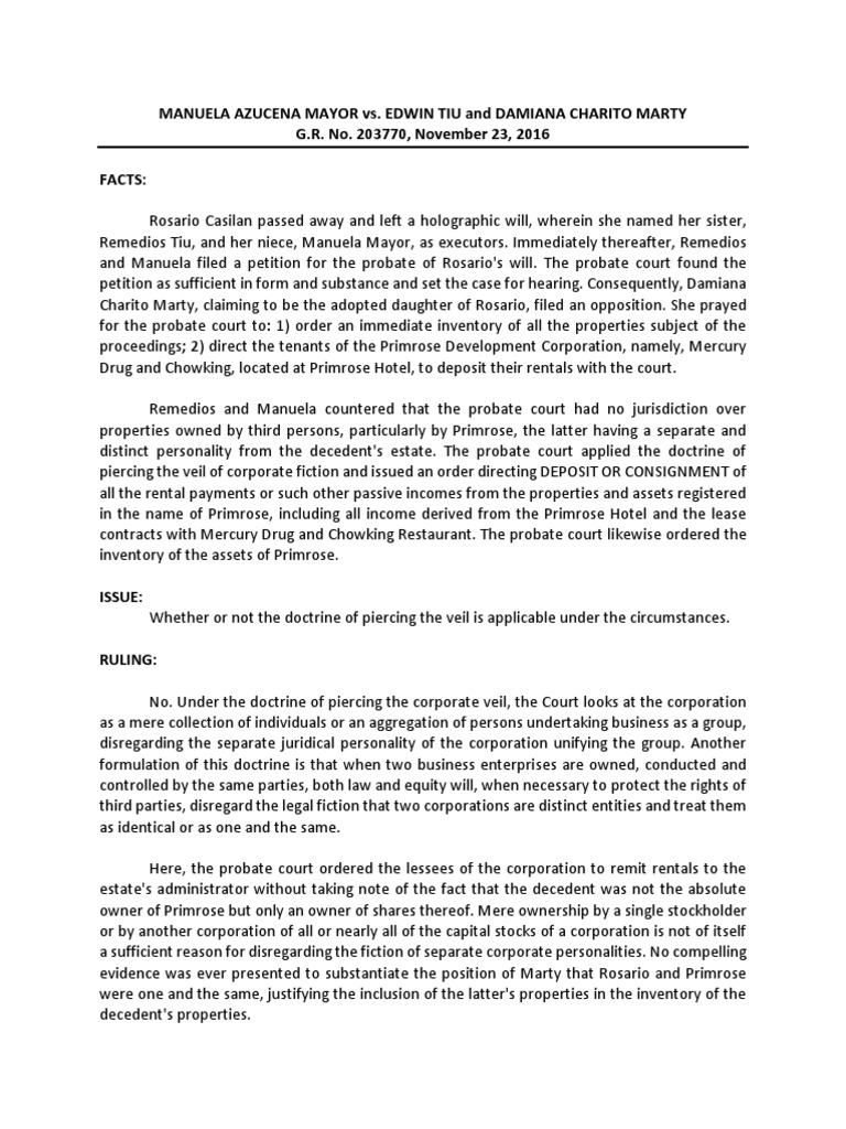 Mayor Vs Tiu | PDF | Probate | Corporations