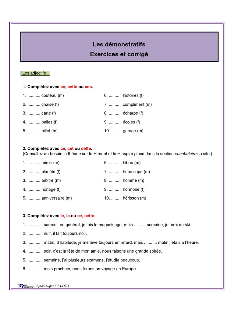 Les Démonstratifs Exercices Et Corrigé PDF | PDF | Pronom | Langues