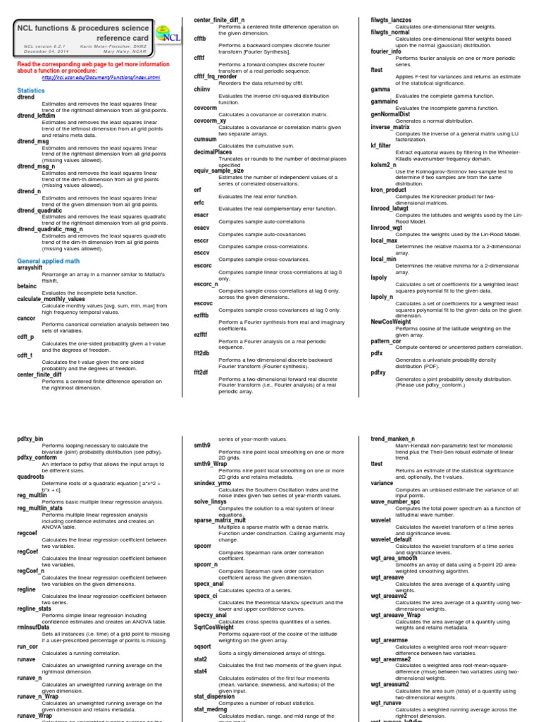 Ncl Functions And Procedures Reference Cards Pdf Variance Spline Mathematics 