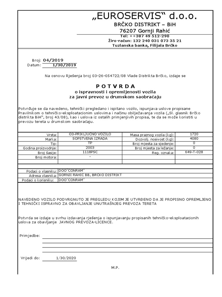 Potvrda o Ispravnosti I Opremljenosti Vozila | PDF