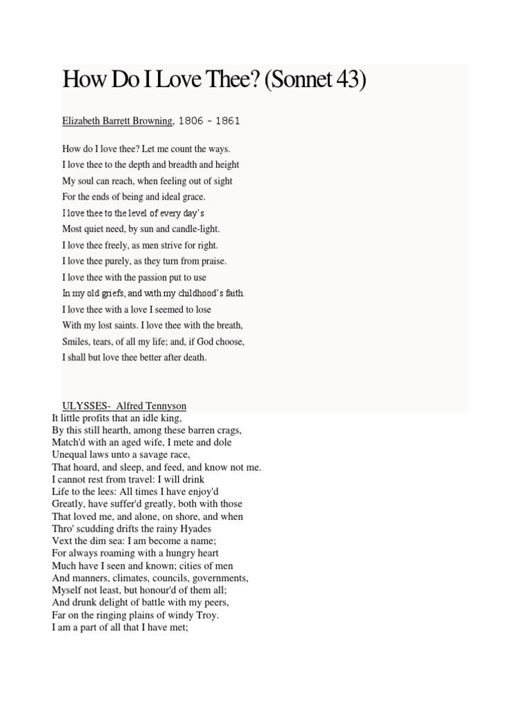 How Do I Love Thee? (Sonnet 43) : Elizabeth Barrett Browning, 1806 ...