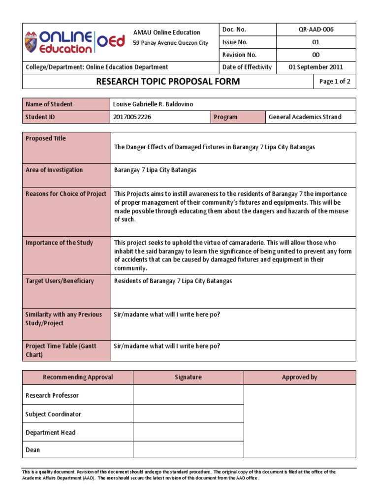 Research Topic Proposal Form: 59 Panay Avenue Quezon City | PDF