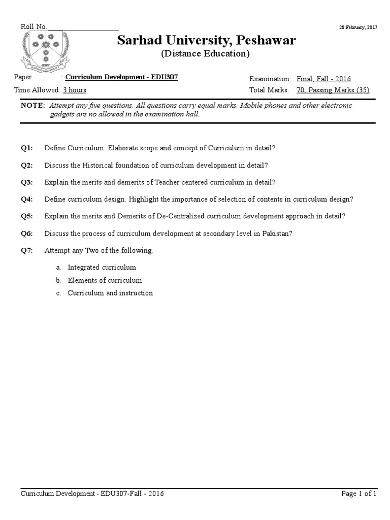 Curriculum Development - EDU307 | PDF