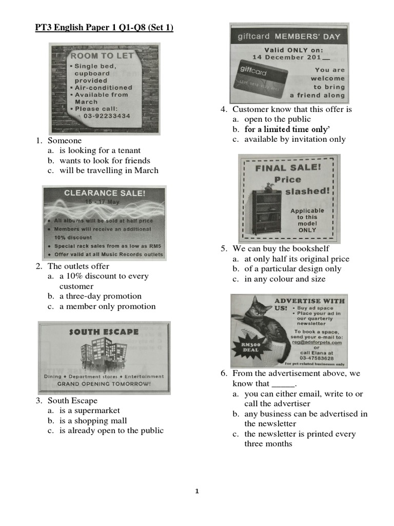 PT3 English Paper 1 Q1-Q8 (Set 1) | Download Free PDF | Advertising