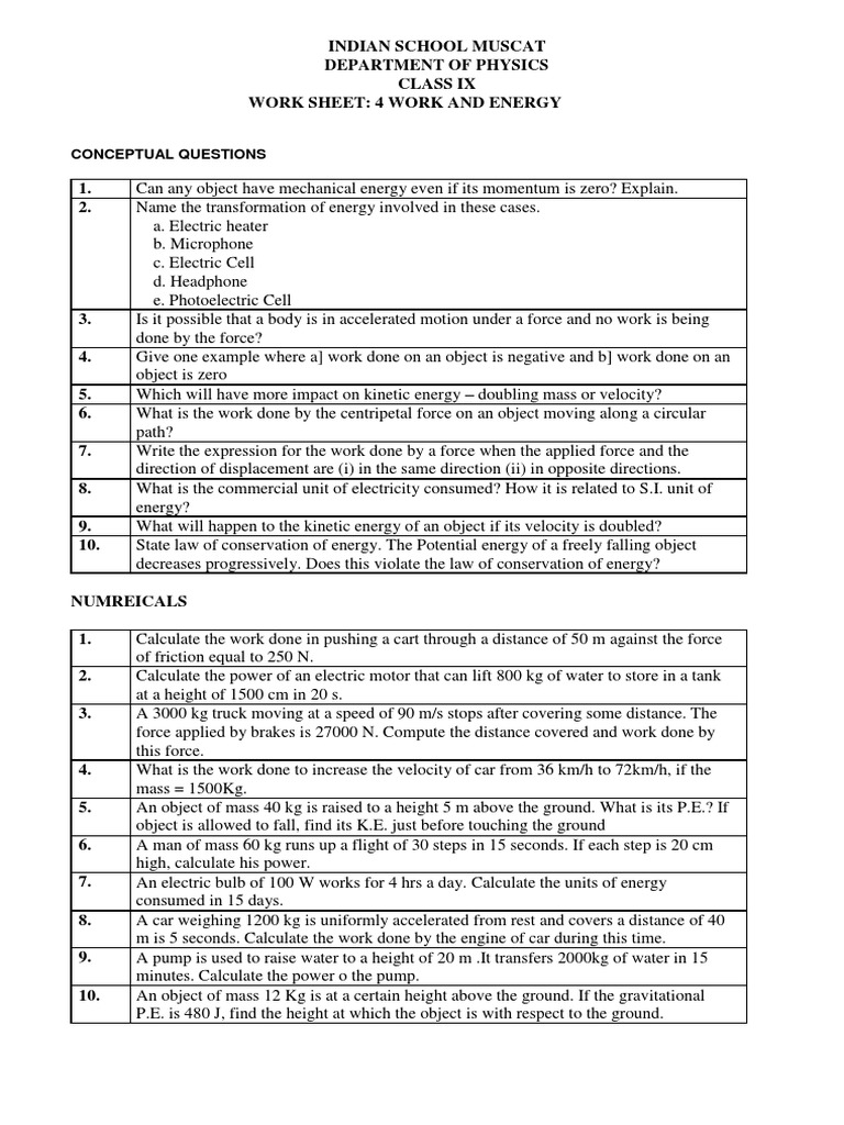 Class Ix Physics Worksheet 4 Work&Energy 2018-19 | Download Free PDF ...