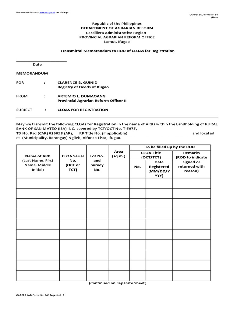 CARPER LAD Form No. 64 Transmittal Memorandum To ROD For Registration ...