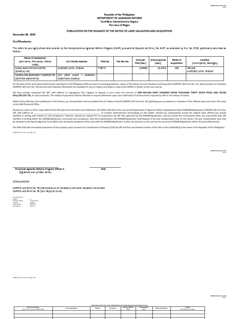 CARPER LAD Form No. 52A Publication On The Issuance of NLVA | PDF ...