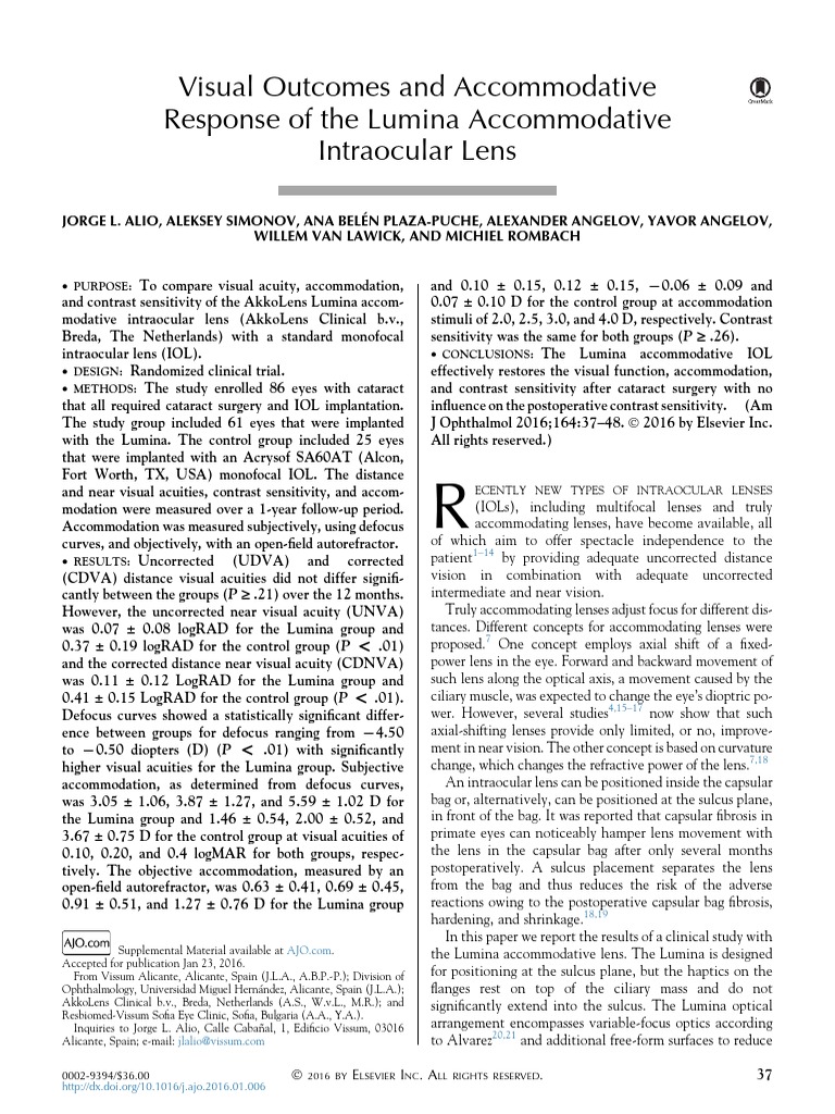 Visual Outcomes and Accommodat PDF | PDF | Visual Acuity | Lens (Optics)