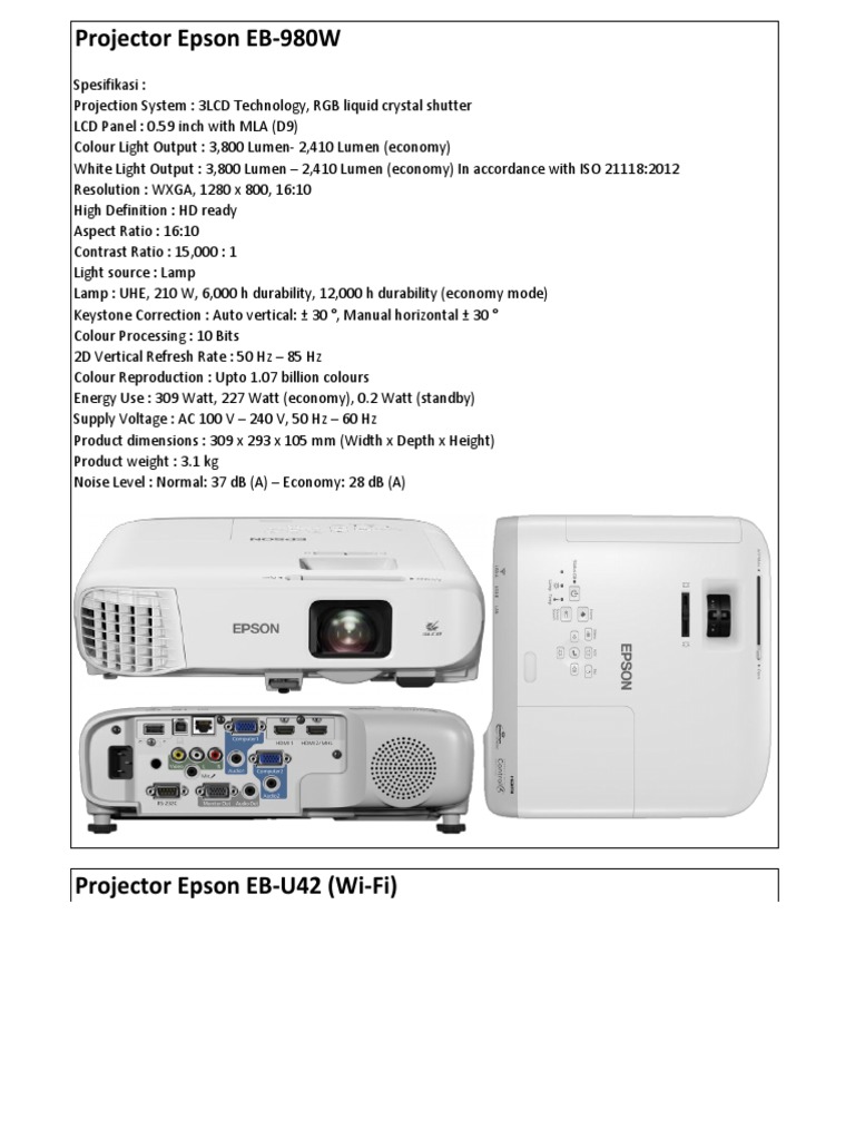 Projector Epson EB-980W | PDF | Liquid Crystal Display | Computer Hardware