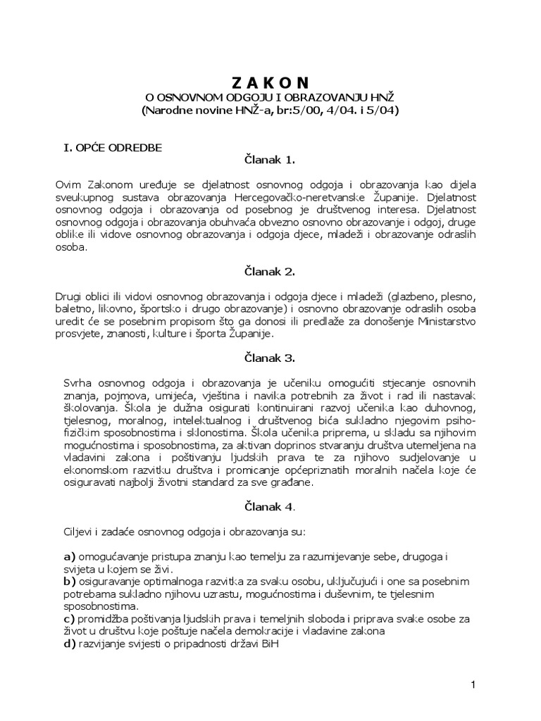 Zakon o Osnovnom Odgoju I Obrazovanju HNŽ | PDF