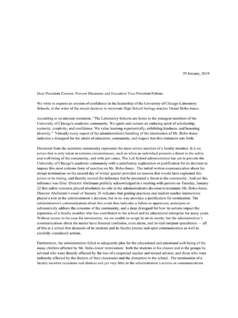 Faculty Letter To UChicago Admin About Lab Schools Firing | PDF