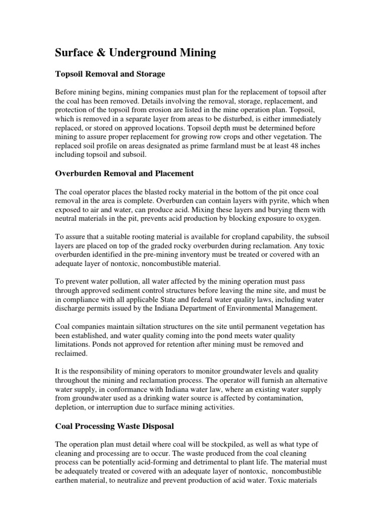 Surface & Underground Mining: Topsoil Removal and Storage | PDF | Coal ...