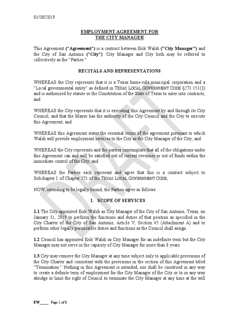 Final Draft of City Manager Contract | PDF | Indemnity | Pension