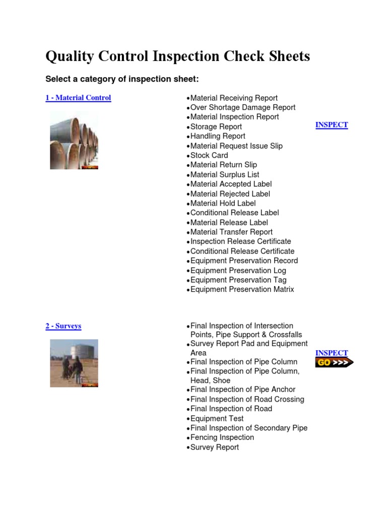 Quality Control Inspection Check Sheets | PDF | Concrete | Pipe (Fluid ...