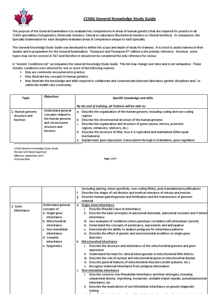 CCMG General Knowledge Study Guide 2017 | PDF | Heredity | Medical Genetics