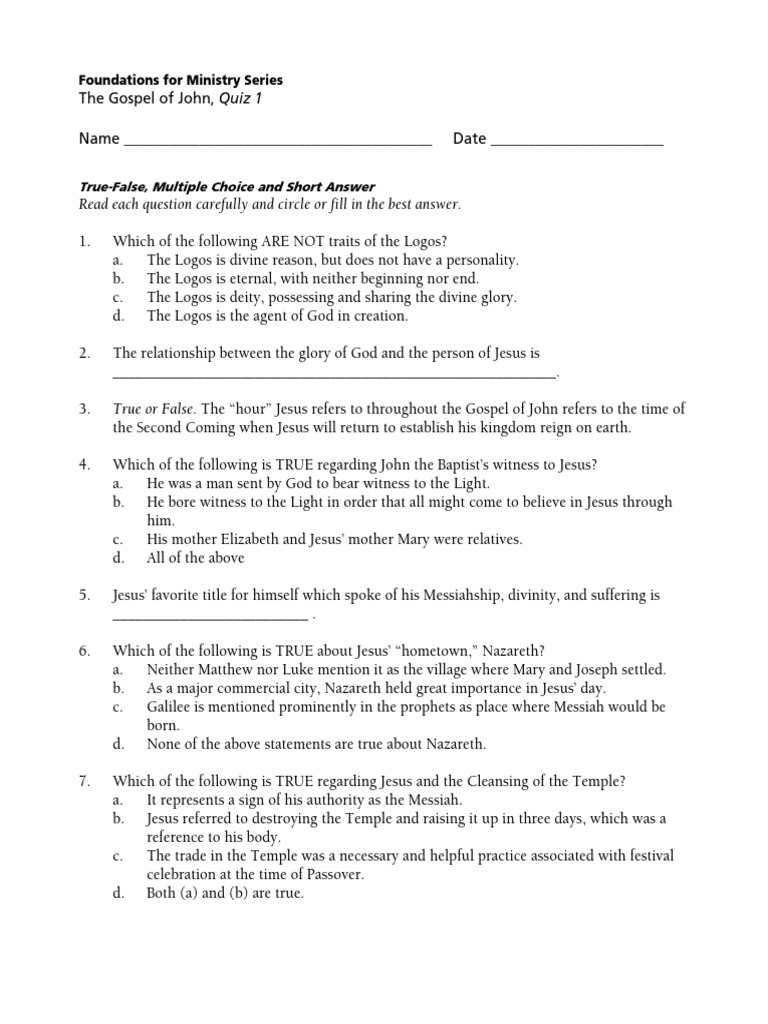 Quiz 1: True-False, Multiple Choice and Short Answer | PDF | Gospel Of ...