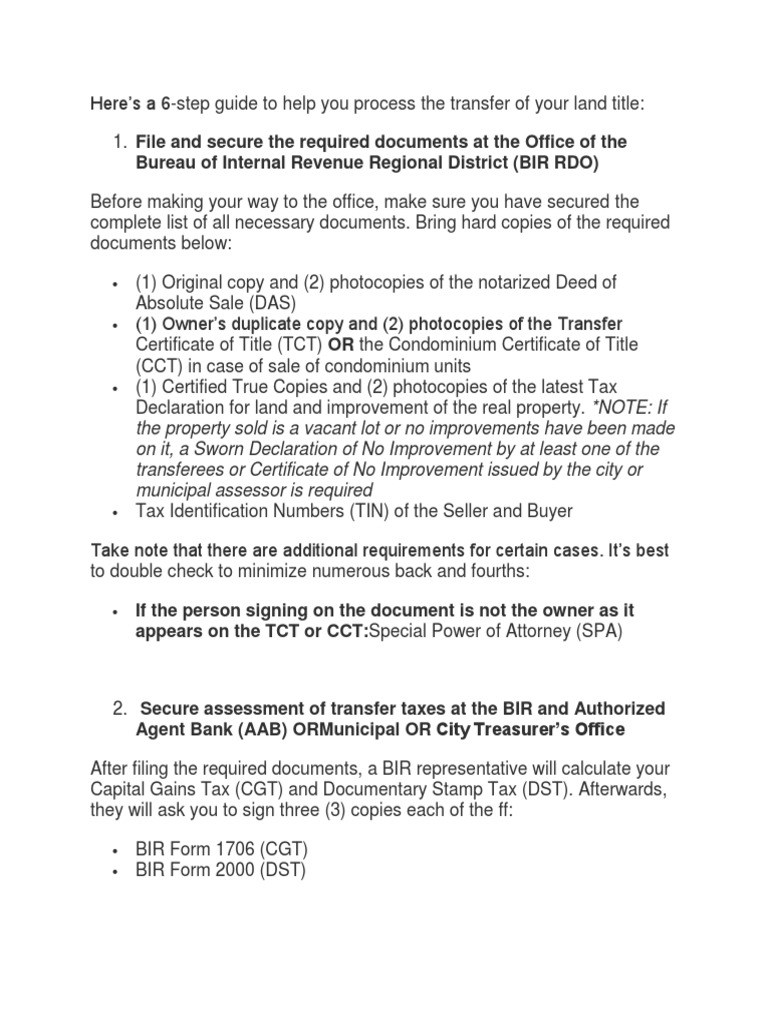 Land Title Transfer Steps | PDF | Title (Property) | Receipt