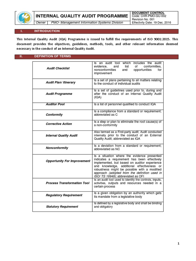 iso 9001 internal audit | Auditor's Report | Audit