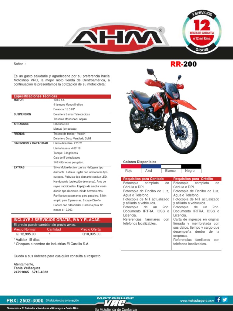 Cotización Moto AHM RR-200 | PDF | Motocicleta | Transporte privado