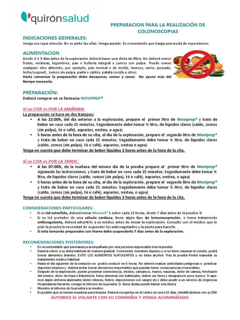 Informacion + Preparación Colonoscopia Moviprep PDF | PDF | Caldo ...