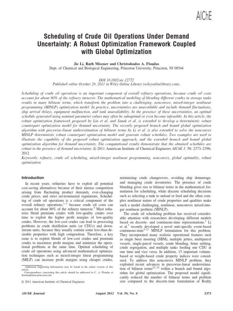 Scheduling of Crude Oil Operations Under Demand Uncertainty: A Robust ...