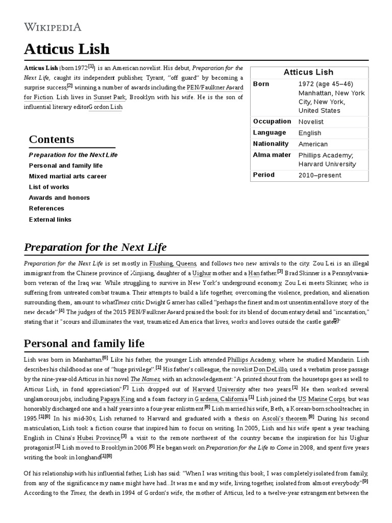 Atticus Lish: Preparation For The Next Life | PDF