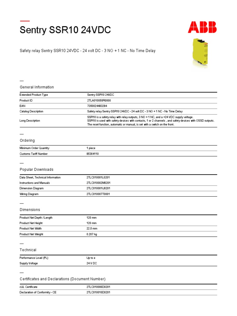 2TLA010050R0000 Safety Relay Sentry Ssr10 24vdc 24 Volt DC 3 No 1 NC No ...