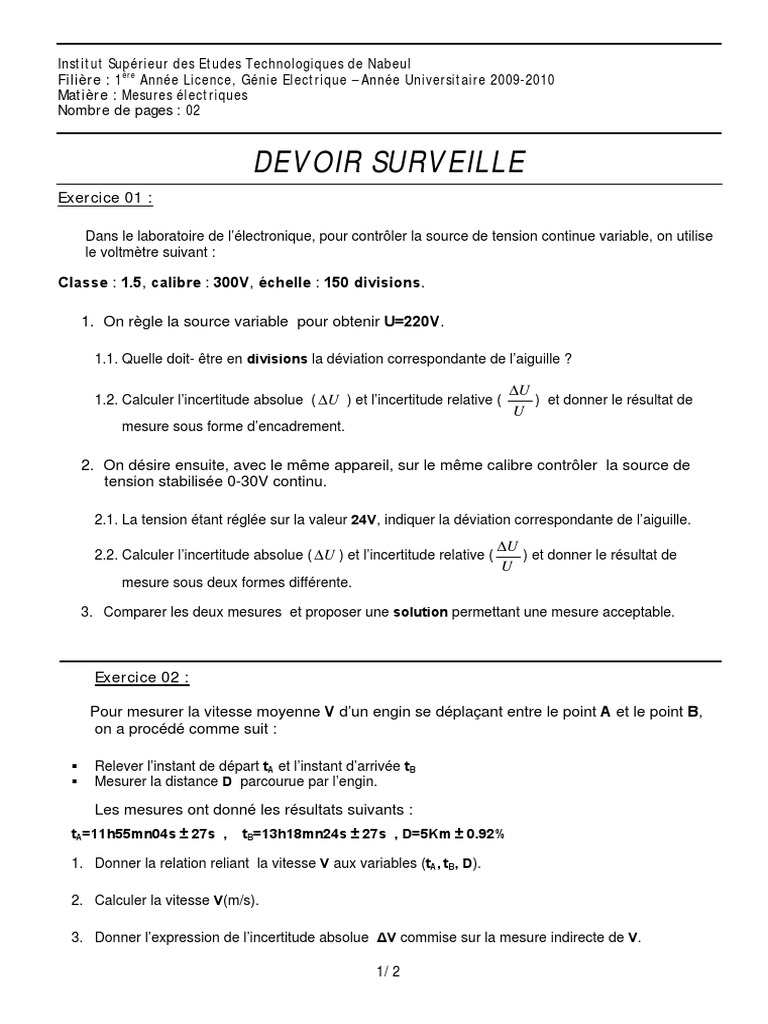 Devoir Mesures Électriques 1ère Année | PDF | Tension électrique ...