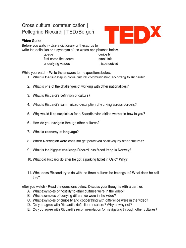 STUDENT-TED Cross Cultural Communication Video Guide | PDF