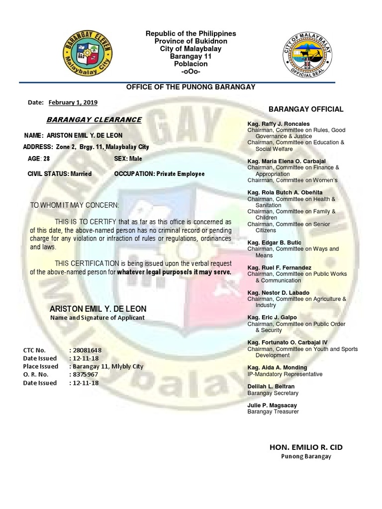 Barangay Clearance Sample | PDF | Public Sphere | Government