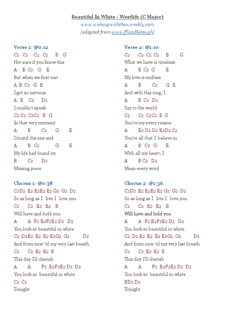 Beautiful in White Notes - Westlife C Major | PDF | Songs | Musical ...