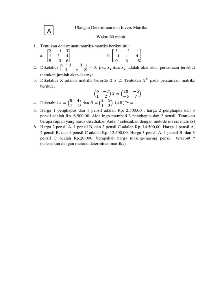 Ulangan Matriks: Determinan & Invers | PDF | Griya & Taman | Sains & Matematika