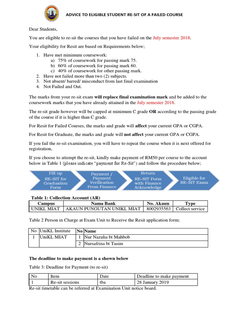 Resit Notification To Students Resit Failed Course (MIAT) | PDF ...