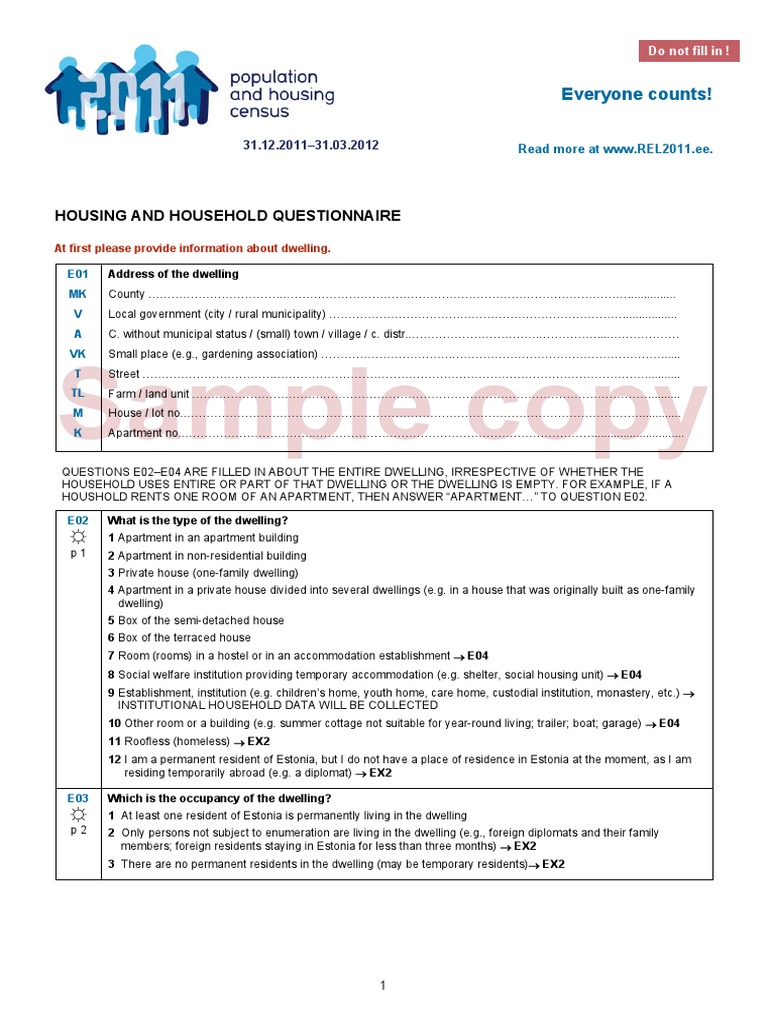 Sample Copy: Housing and Household Questionnaire | PDF | Farms | Apartment