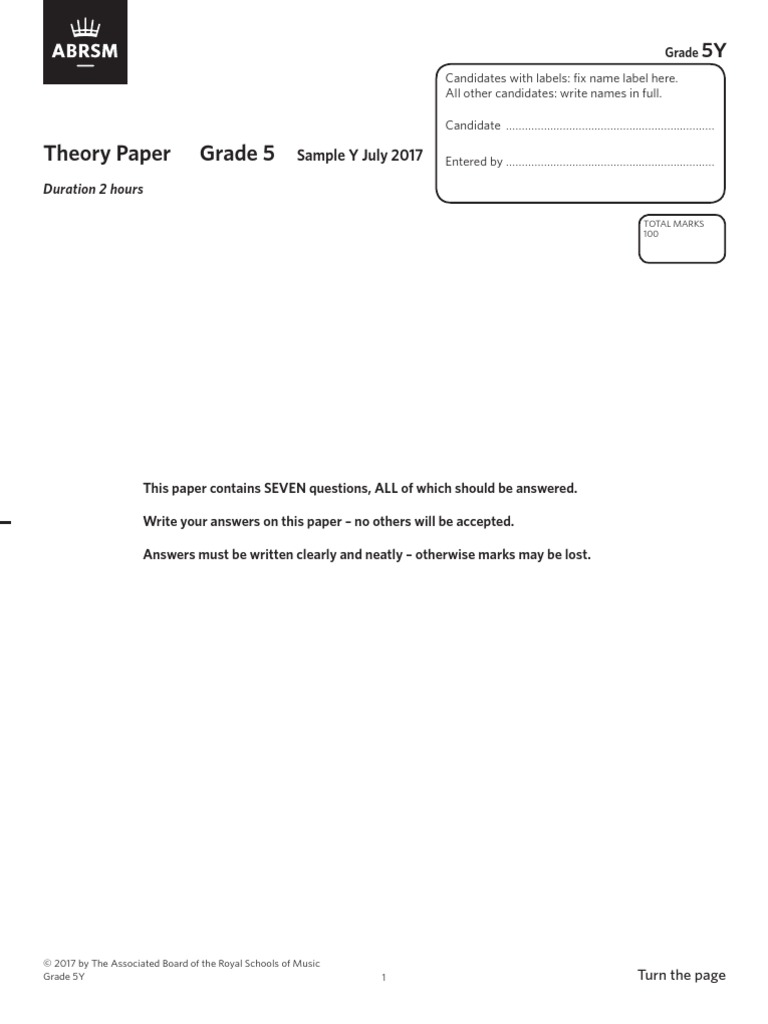 Theory Paper Grade 5: Sample Y July 2017 | PDF