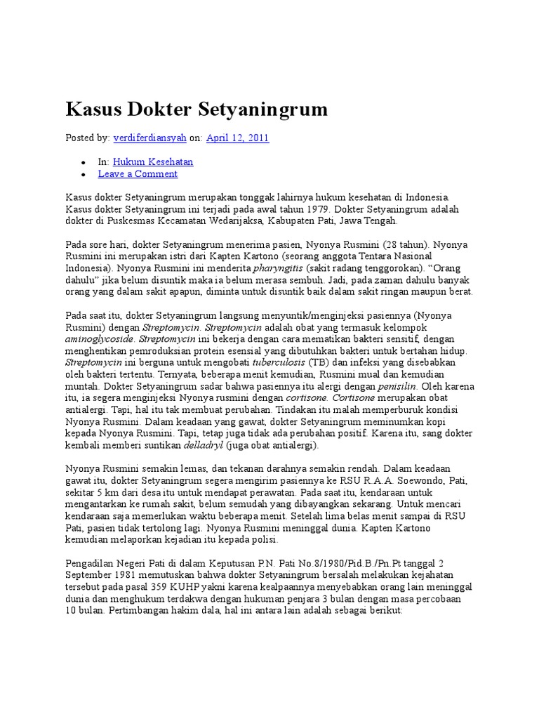 Kasus Dokter Setyaningrum dan Hukum Kesehatan | PDF