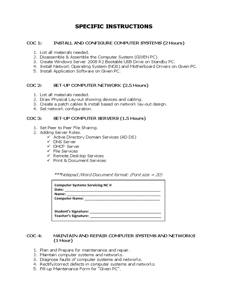 Specific Instructions: COC 1: Install and Configure Computer Systems (2 Hours) | PDF | Business ...