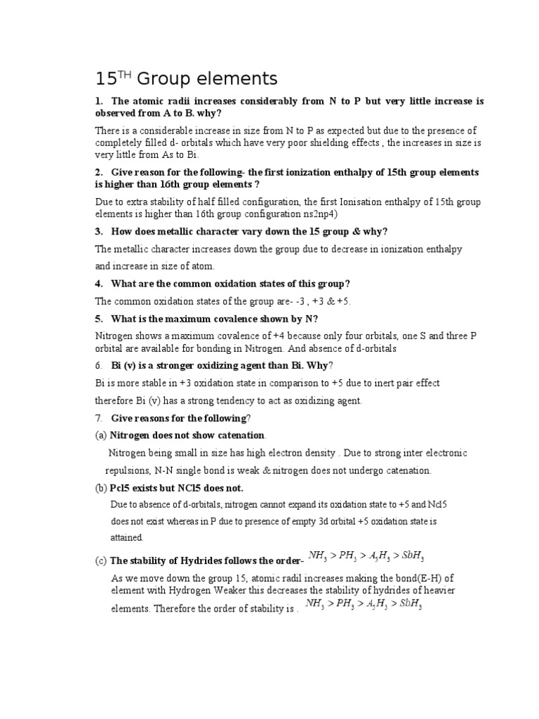 15TH Group Elements | PDF | Nitrogen | Chemical Bond