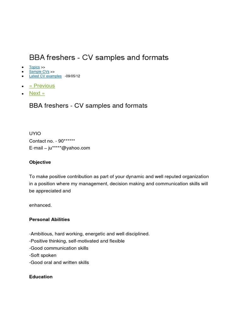 CV For BBA Freshers | PDF | Master Of Business Administration | Business