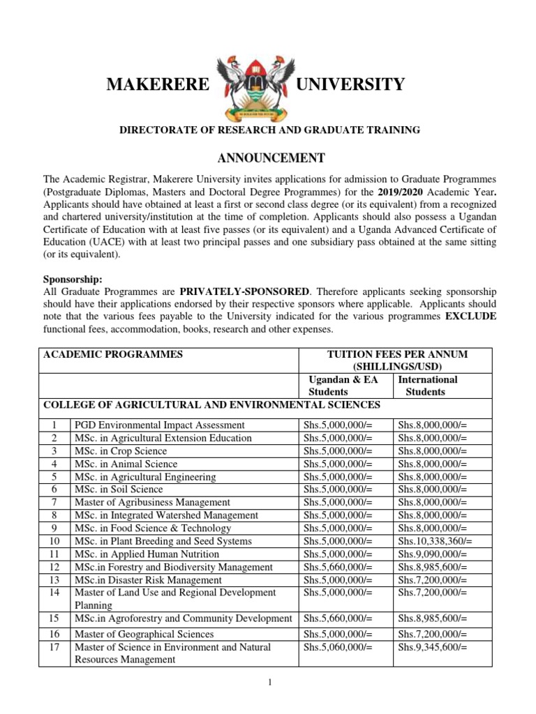 Makerere University Graduate Courses 2019 2020 0 | Postgraduate ...