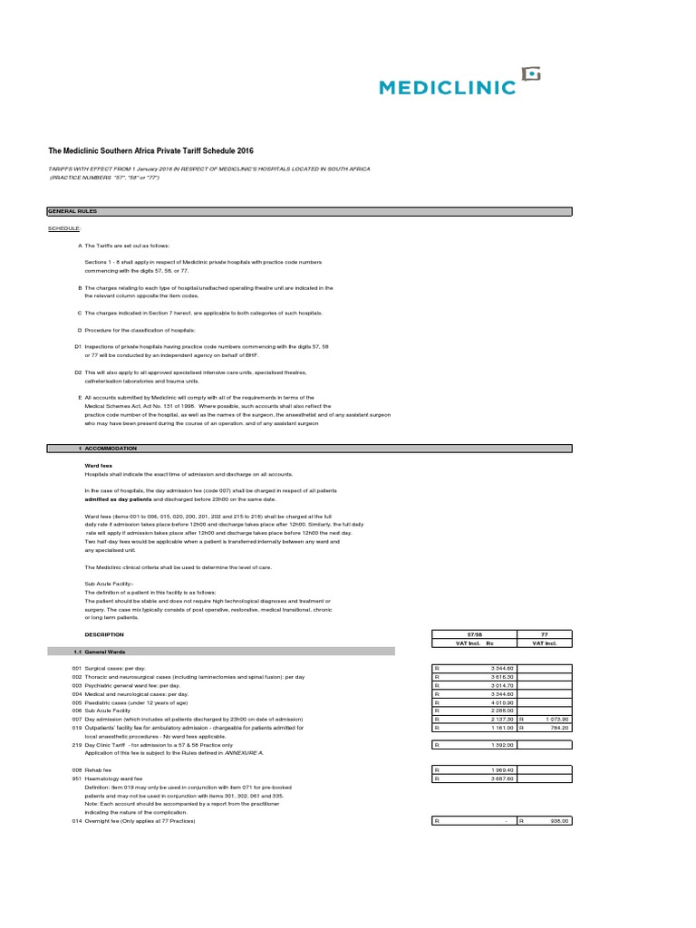 Mediclinic Hospital Tariff Schedule 2016 | PDF | Intensive Care Unit ...