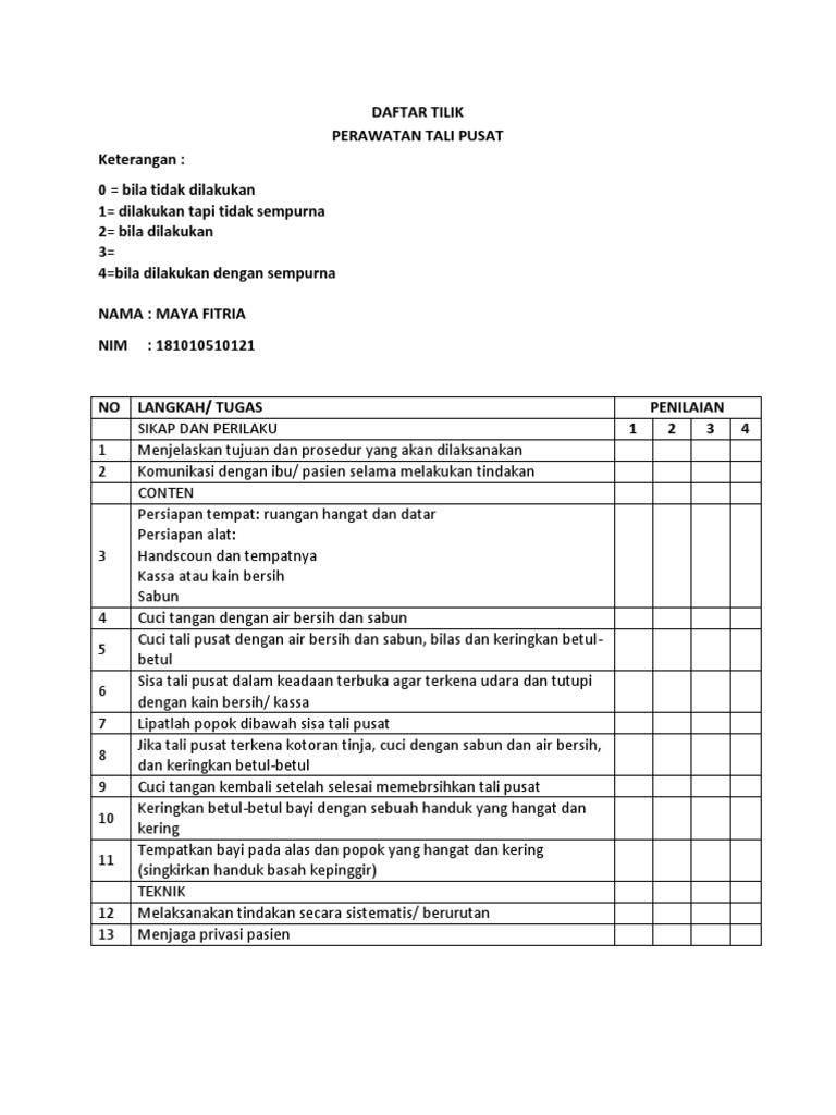 Daftar Tilik Perawatan Tali Pusat Job Sheet | PDF