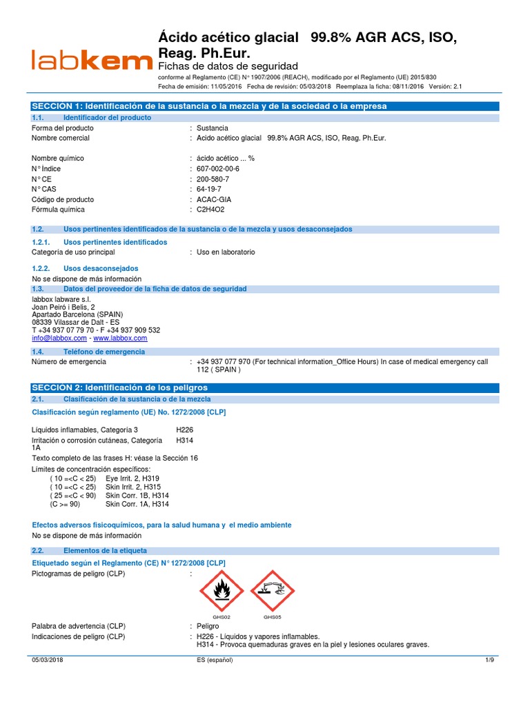 SDS Ácido Acético Glacial Español | PDF | Quemar | Agua
