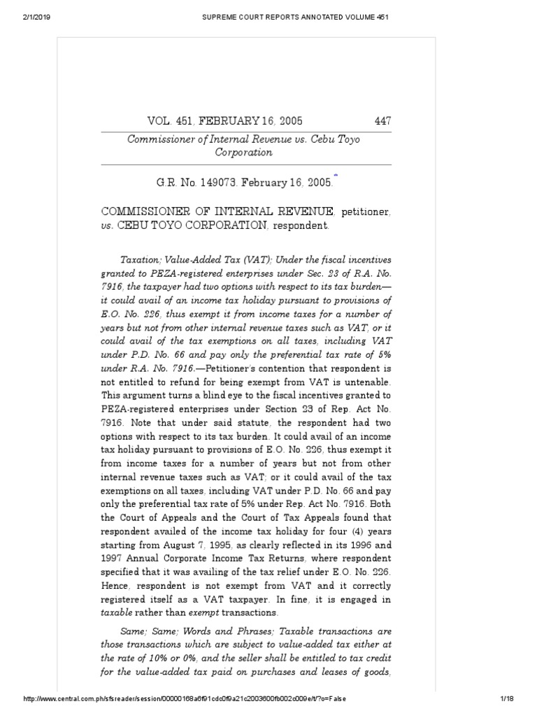 (ESCRA) - CIR vs. Cebu Toyo Corp. | PDF | Value Added Tax | Tax Credit