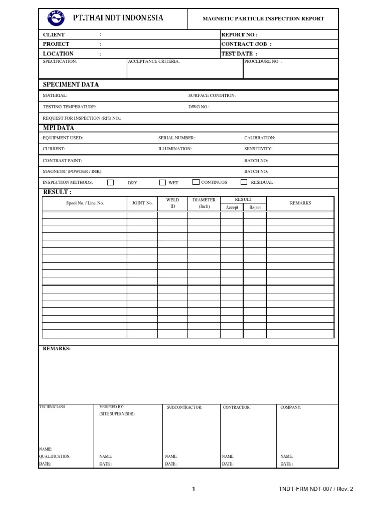 Tndt-frm-ndt-007 Magnetic Particle Inspection Report | PDF | Business ...