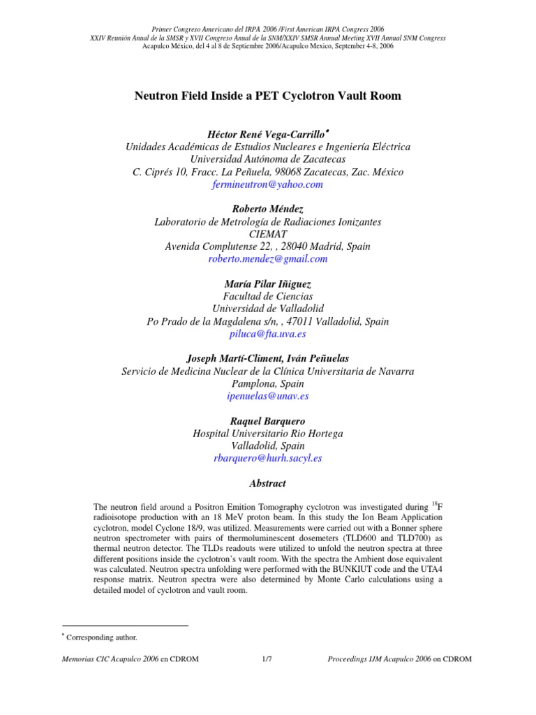 Neutron Field Inside A PET Cyclotron Vault Room | PDF | Neutron ...